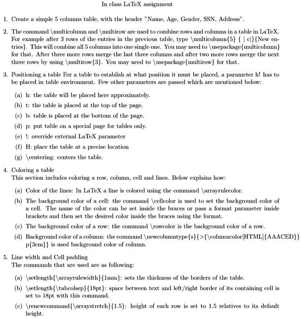 Solved In Class Latex Assignment 1 Create A Simple 5 Column Table With The Header Name Age