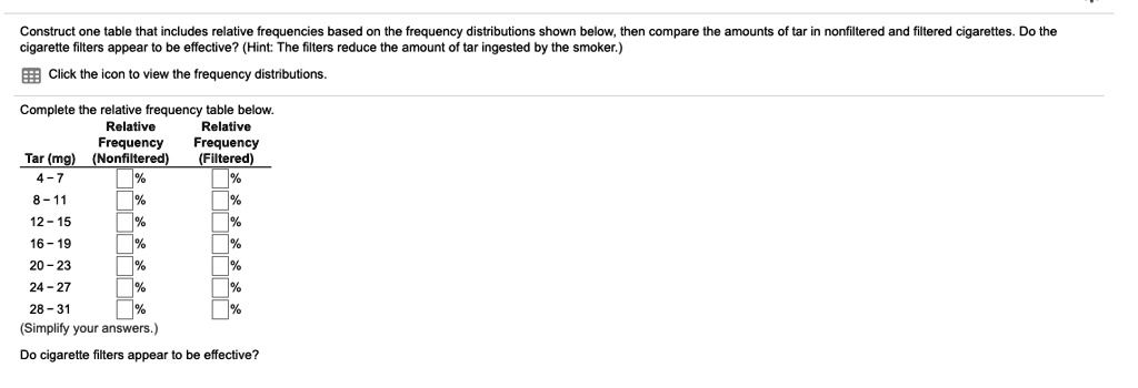SOLVED: Construct one table that includes relative frequencies based on the frequency ...