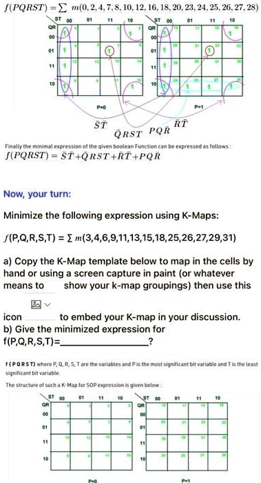 f(PQRST) = ? m(0, 2, 4, 7, 8, 10, 12, 16, 18, 20, 23, 24, 25, 26, 27, 28) ST 00 01 11 10 ST 00 ...
