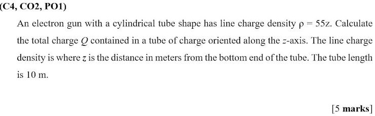 SOLVED: An electron gun with a cylindrical tube shape has line charge density p = 55z. Calculate ...