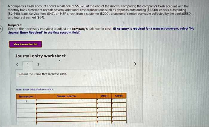 SOLVED: A company's Cash account shows a balance of 5,620 at the end of ...