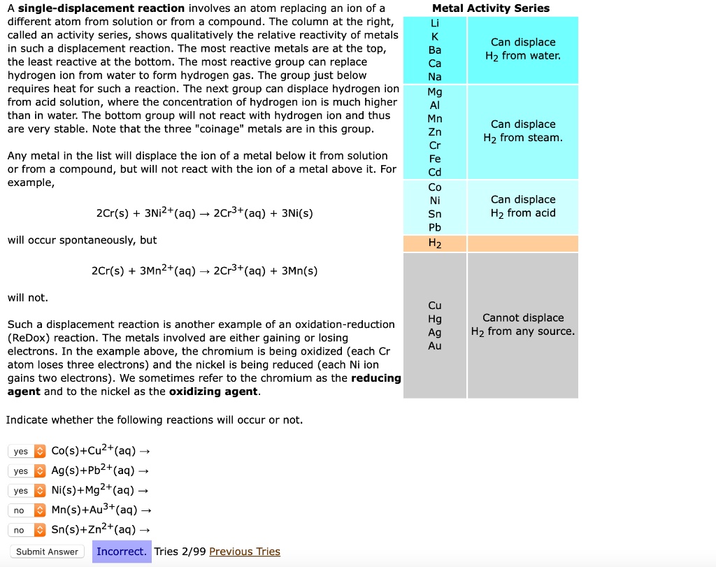 SOLVED: A single-displacement reaction involves an atom replacing an ...