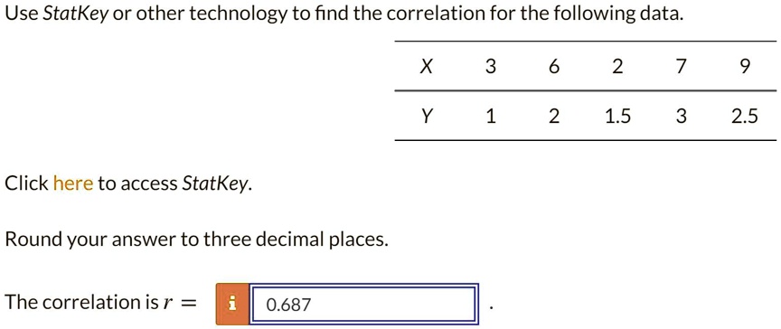 SOLVED: Use StatKey or other technology to find the correlation for the following data. X 3 6 2 ...