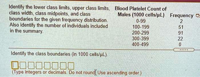 Identify the lower class limits, upper class limits, class width, class midpoints, and class ...