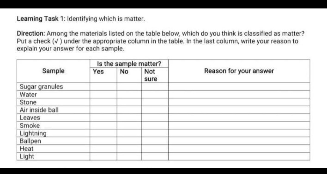 SOLVED: Learning Task 1: Identifying which is matter. Direction: Among ...