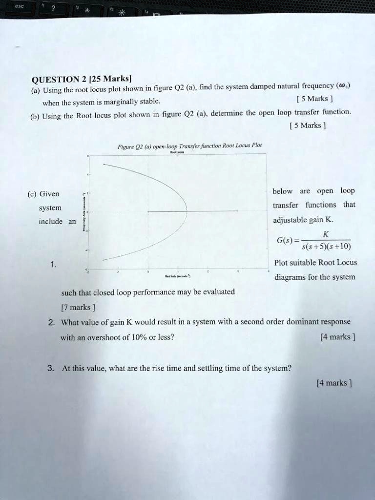 SOLVED: QUESTION 2 [25 Marks] a) Using the root locus plot shown in Figure Q2(a), find the ...