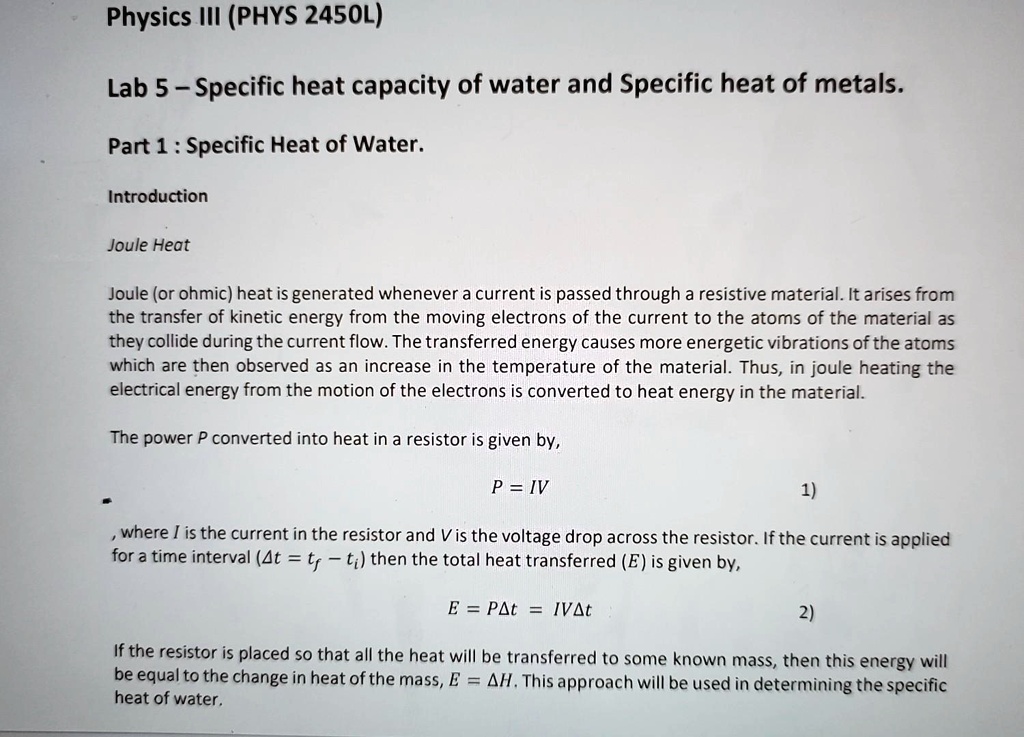 SOLVED: what is the purpose of the Specific heat capacity of water and ...