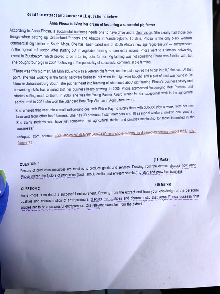 read the extract and answer all questions below anna phosa is living ...