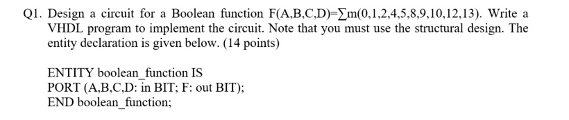 Solved Design A Circuit For A Boolean Function F A B C D M 0 1 2 4 5 8 9 10 12 13 Write A