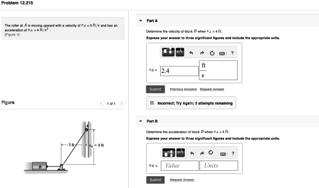 Problem 12.215 Part A The roller at A is moving upward with a velocity ...