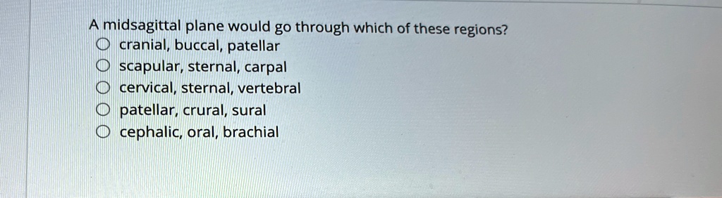A midsagittal plane would go through which of these regions? cranial ...