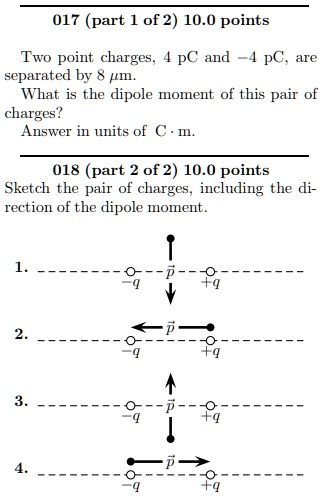 Two point charges, 4 pC and -4 pC, are separated by 8...