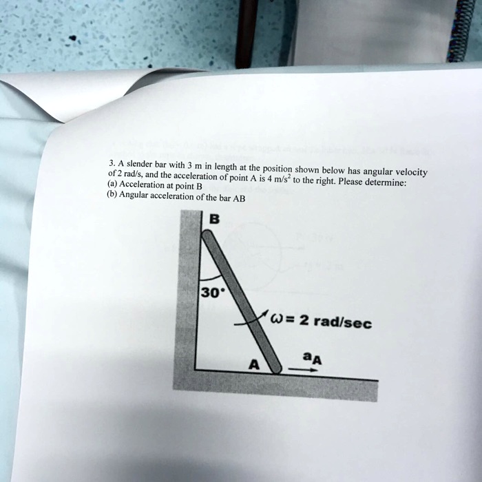 3. A slender bar with 3 m in length at the position shown below has angular velocity of 2 rad/s ...