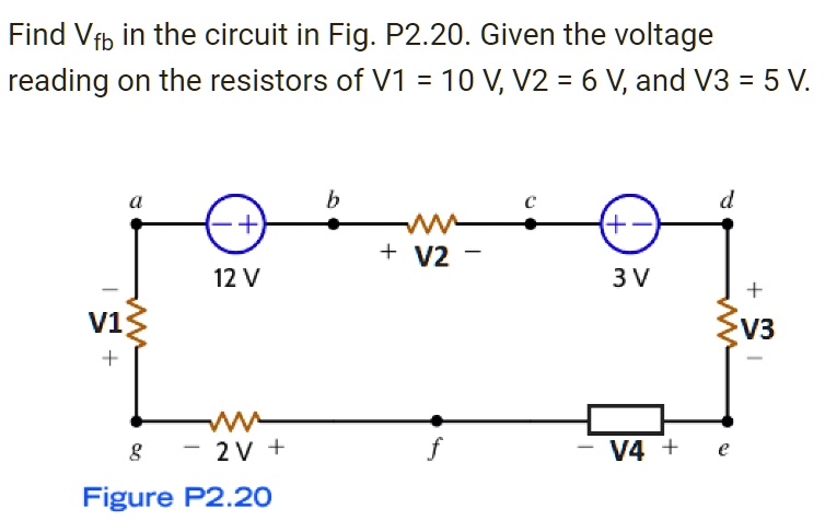 Find Vfb in the circuit in Fig. P2.20. Given the voltage reading on the resistors of V1 = 10 V ...