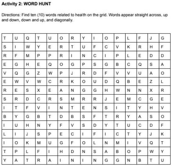 word hunt puzzle health activity 2 word hunt directions find ten 10 ...