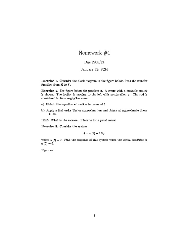 SOLVED: Homework #1 Due 2/05/24 January 29, 2024 Exercise 1: Consider the block diagram in the ...