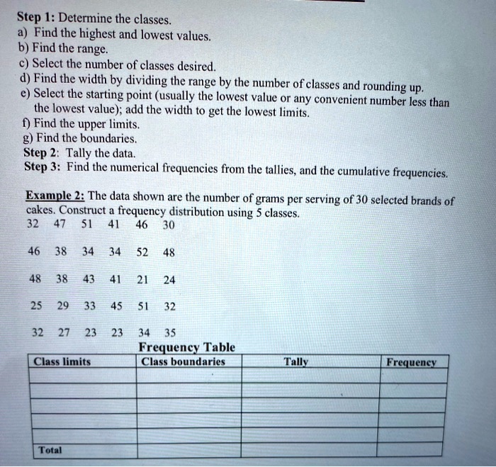 SOLVED: Step I: Determine the classes a) Find the highest and lowest ...