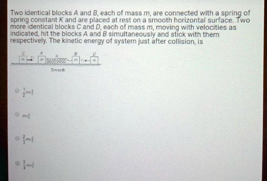 Two identical blocks A and B, each of mass m, are connected with a spring of spring constant K ...