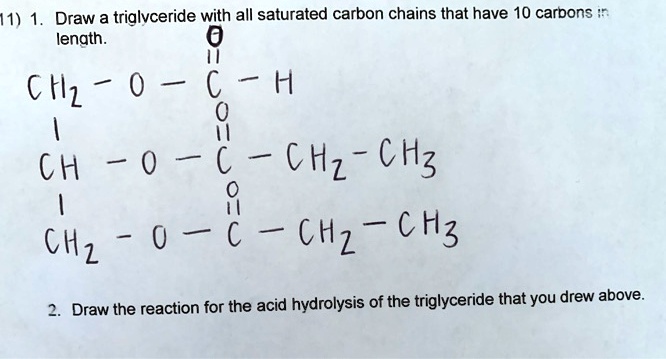 11 draw a triglvceride with all saturated carbon chains that have 10 ...
