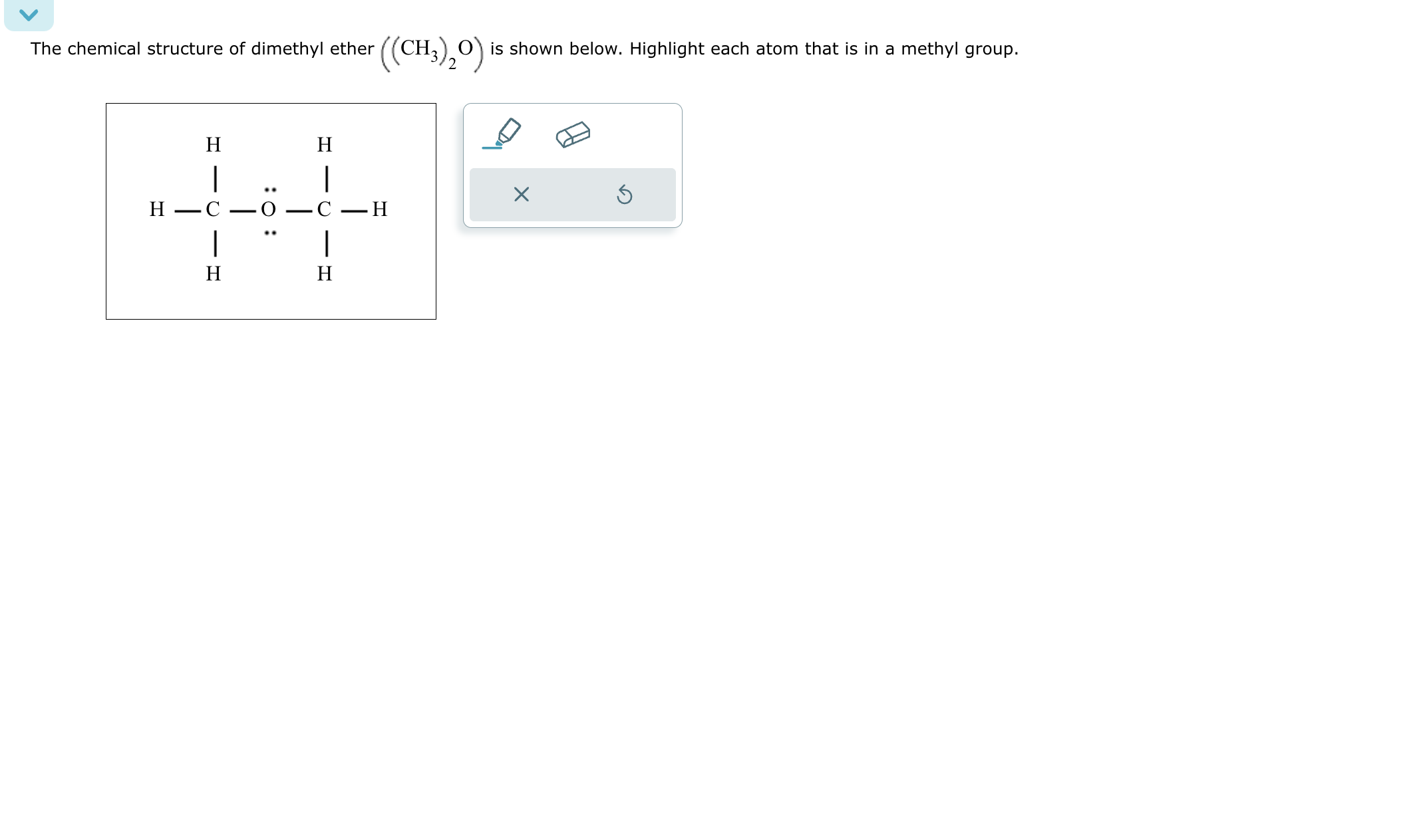 The chemical structure of dimethyl ether ((CH3)2O) is shown below ...
