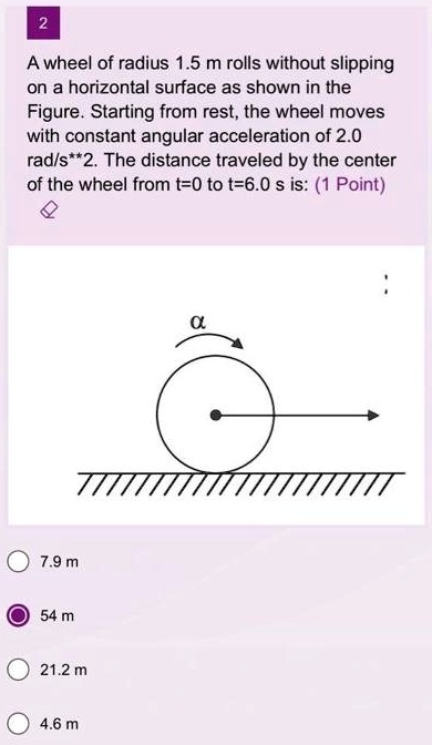 SOLVED: A wheel of radius 1.5 m rolls without slipping on a horizontal surface as shown in the ...