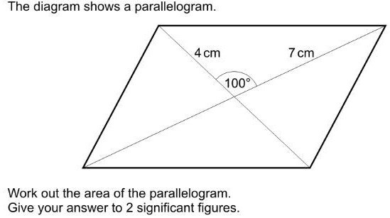 The diagram shows a parallelogram. 4 cm 7 cm 100° Work out the area of ...