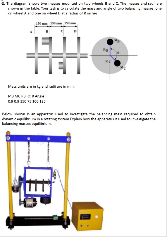 2. The diagram shows two masses mounted on two wheels B and C. The ...