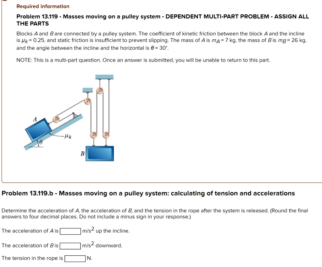 Blocks A and B are connected by a pulley system. The coefficient of ...