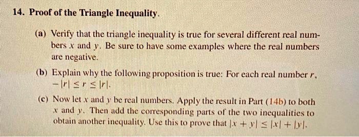 14. Proof of the Triangle Inequality. (a) Verify that the triangle inequality is true for ...