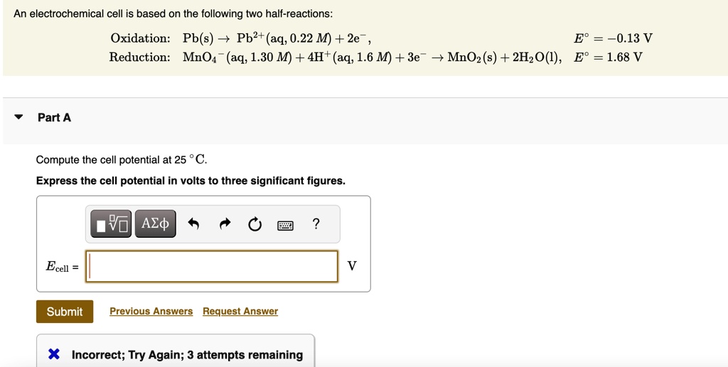 An electrochemical cell is based on the following two half-reactions ...
