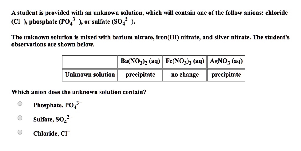 a student is provided with an unknown solution which will contain one ...
