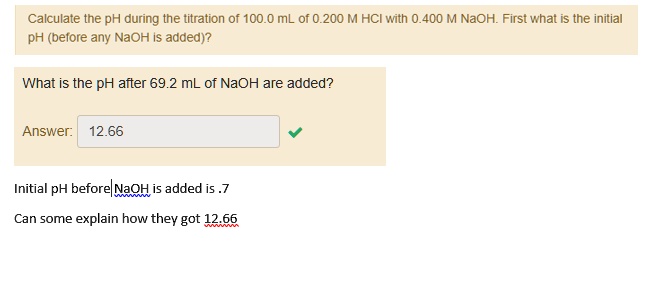SOLVED: Calculate the pH during the titration of 100.0 mL of 0.200 M HCl with 0.400 M NaOH ...