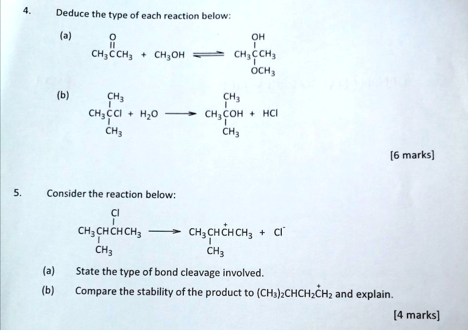 SOLVED: Deduce the type of each reaction below: (a) OH CH3 CCH3 CHzOH CH;CCH3 OCH; (b) CH3 ...