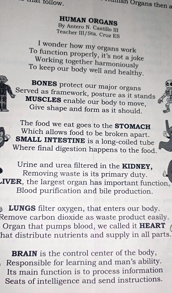 What are the different organs of the body mentioned in the poem? Follow ...