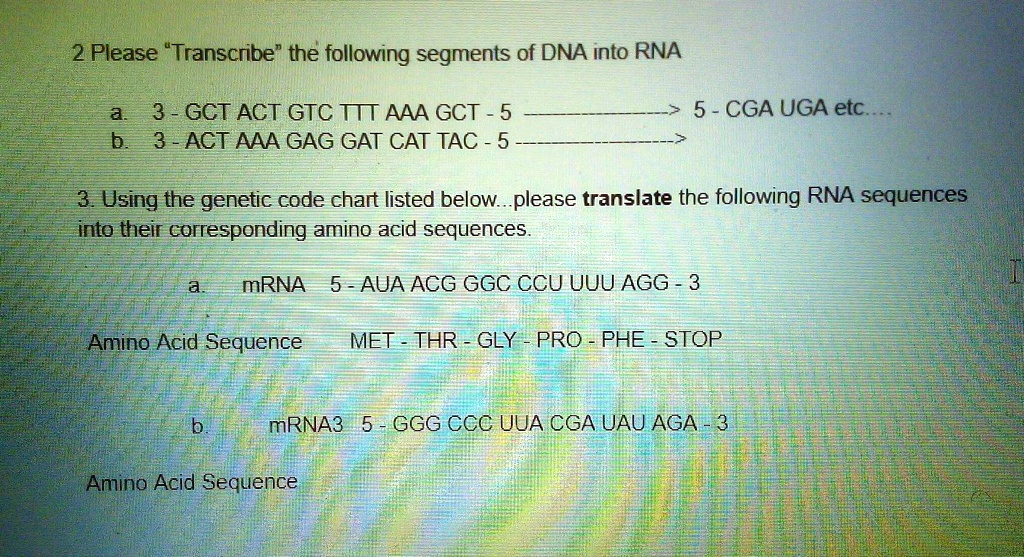SOLVED: 2 Please "Transcribe" the following segments of DNA into RNA 3 - GCT ACT GTC TTT AAA GCT ...