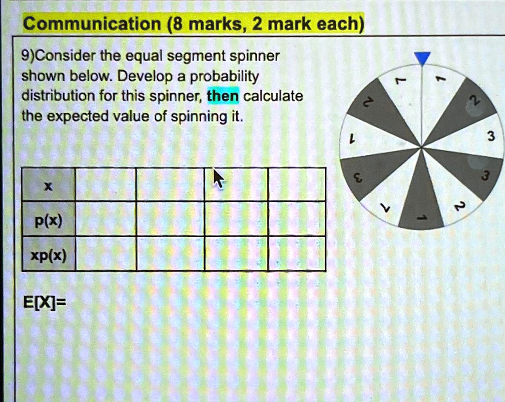 Communication (8 marks, 2 mark each) 9)Consider the equal segment spinner shown below. Develop a ...