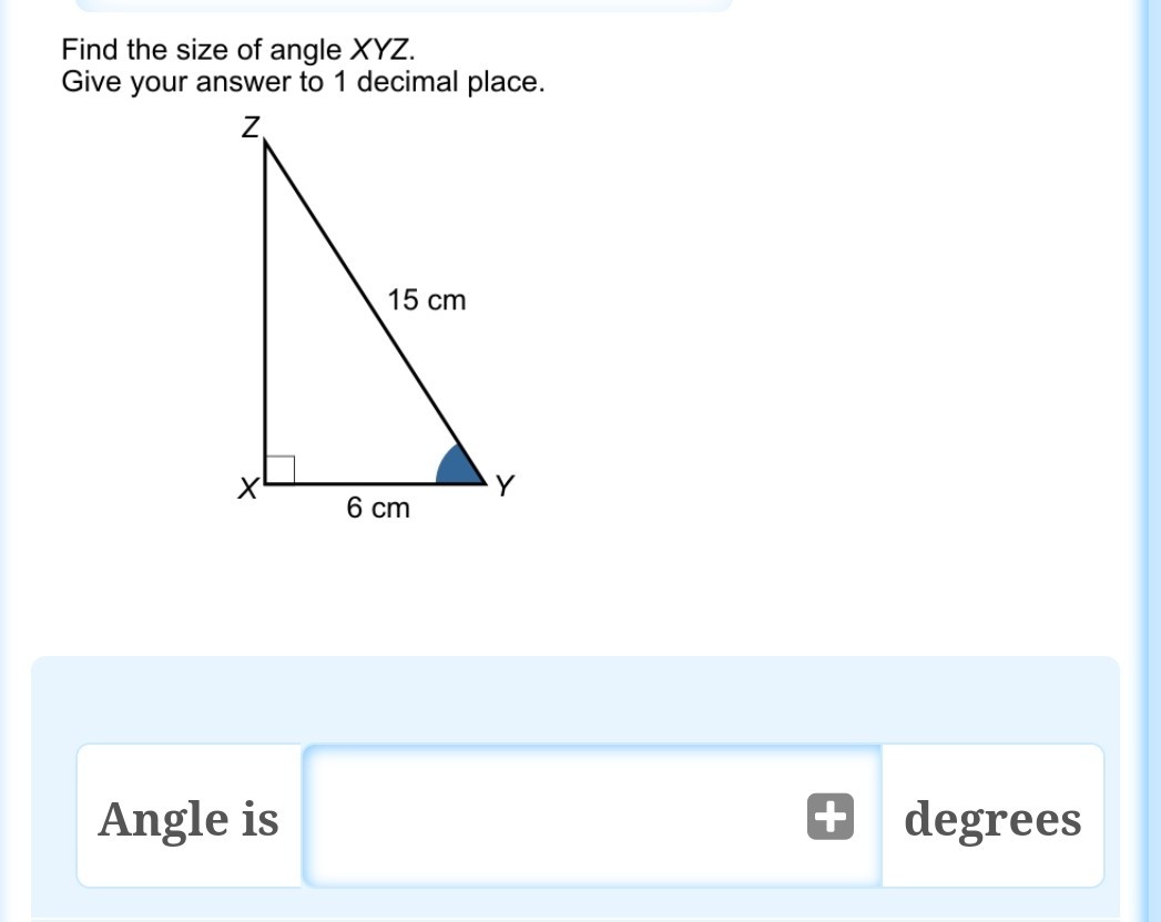 SOLVED: Find the size of angle X Y Z. Give your answer to 1 decimal place. Angle is degrees