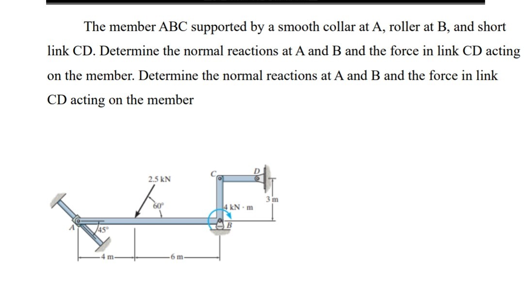 The member ABC supported by a smooth collar at A, roller at B, and ...