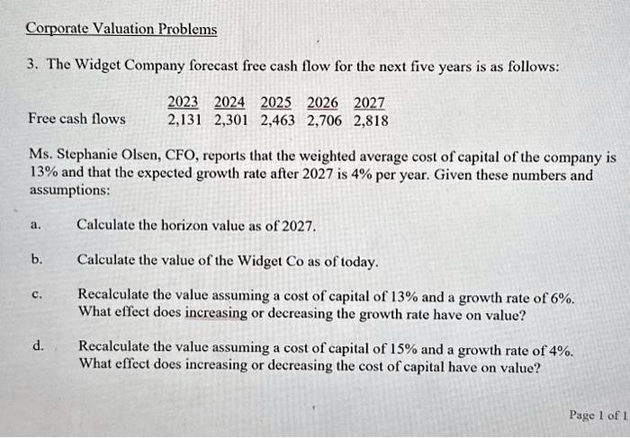 Texts: Corporate Valuation Problems 3. The Widget Company forecast free ...