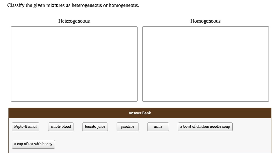 SOLVED: Classify the given mixtures as heterogeneous or homogeneous ...