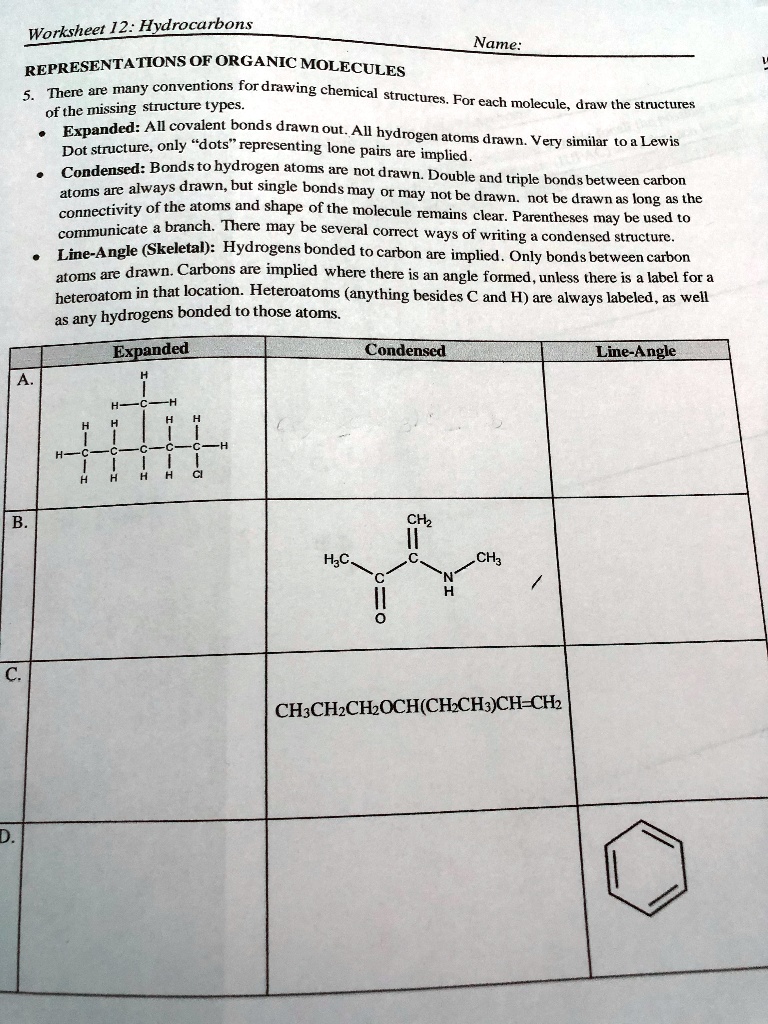 worksheet 12 hydrocarbons name representations of organic molecules then ae many conventions ...