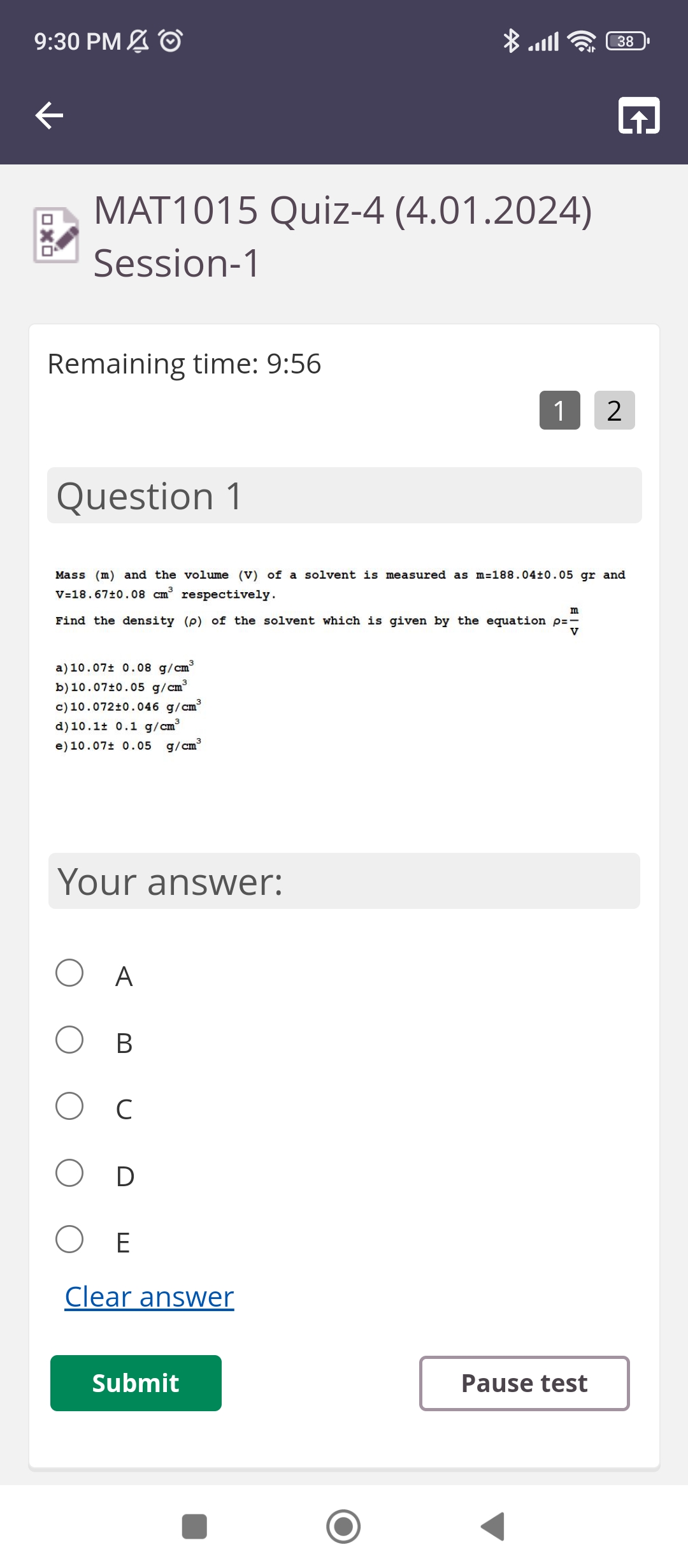 MAT1015 Quiz-4 (4.01.2024) Session-1 Remaining time: 9:56 12 Question 1 ...