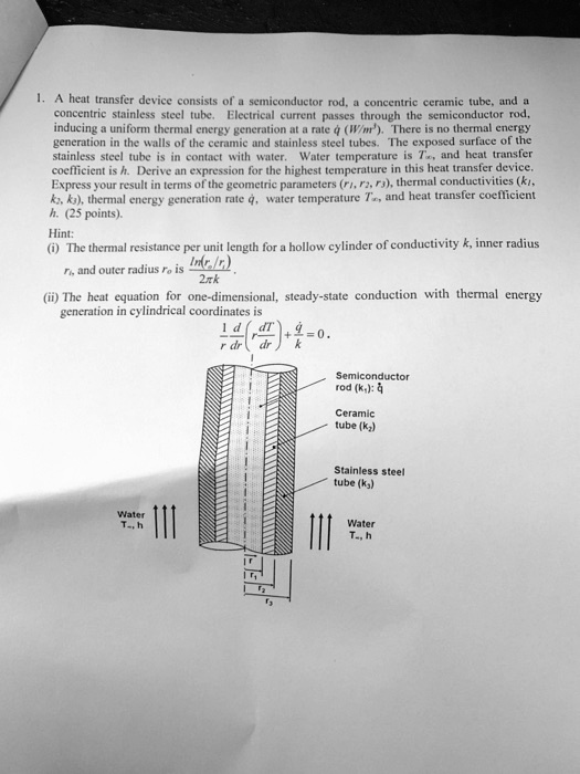 SOLVED: A heat transfer device consists of a semiconductor rod, a ...