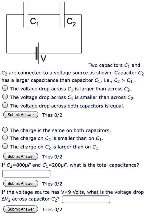 C1 C2 V Two capacitors C? and C2 are connected to a voltage source as ...