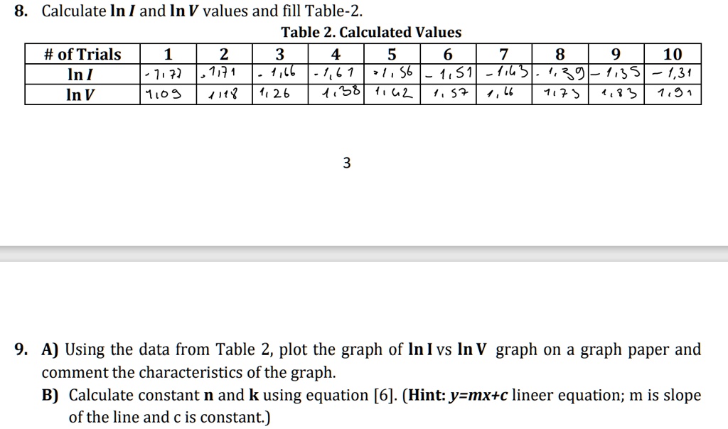 SOLVED: 8. Calculate ln I and ln V values and fill Table-2 Table 2. Calculated Values # of ...