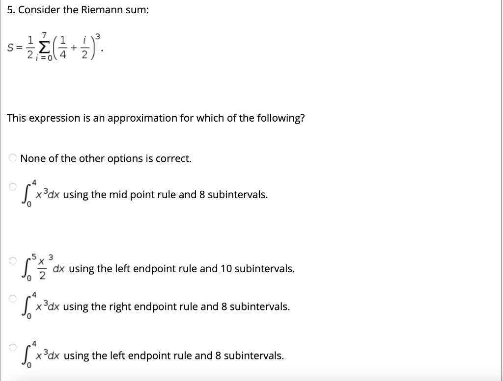 SOLVED:5. Consider the Riemann sum: S = 472(} 2). This expression is an ...