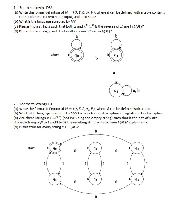 1. For the following DFA, (a) Write the formal definition of M = (Q, ?, ?, q?, F), where ? can ...