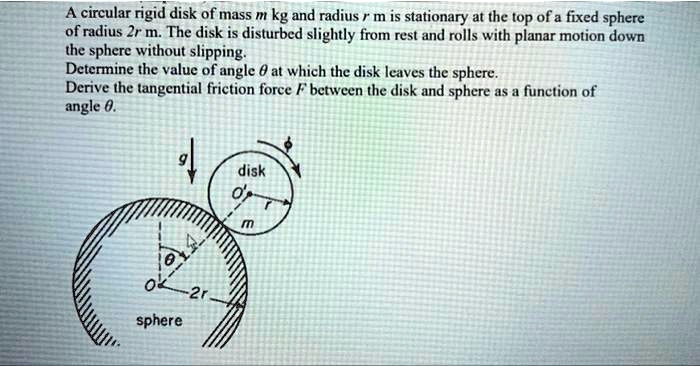 A circular rigid disk of mass m kg and radius r m is stationary at the top of a fixed sphere of ...