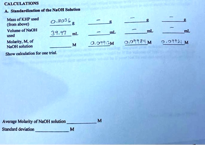 calculations standardization of the naoh solution mass ofkhp used 03036 from above volume of ...