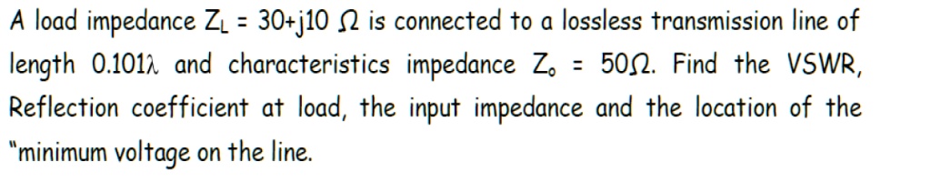A load impedance Z = 30+j10 Î© is connected to a lossless transmission ...